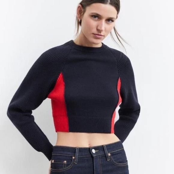 Zara | Sweaters | Zara Dark Blue Red Knit Cropped Sweater | Poshmark